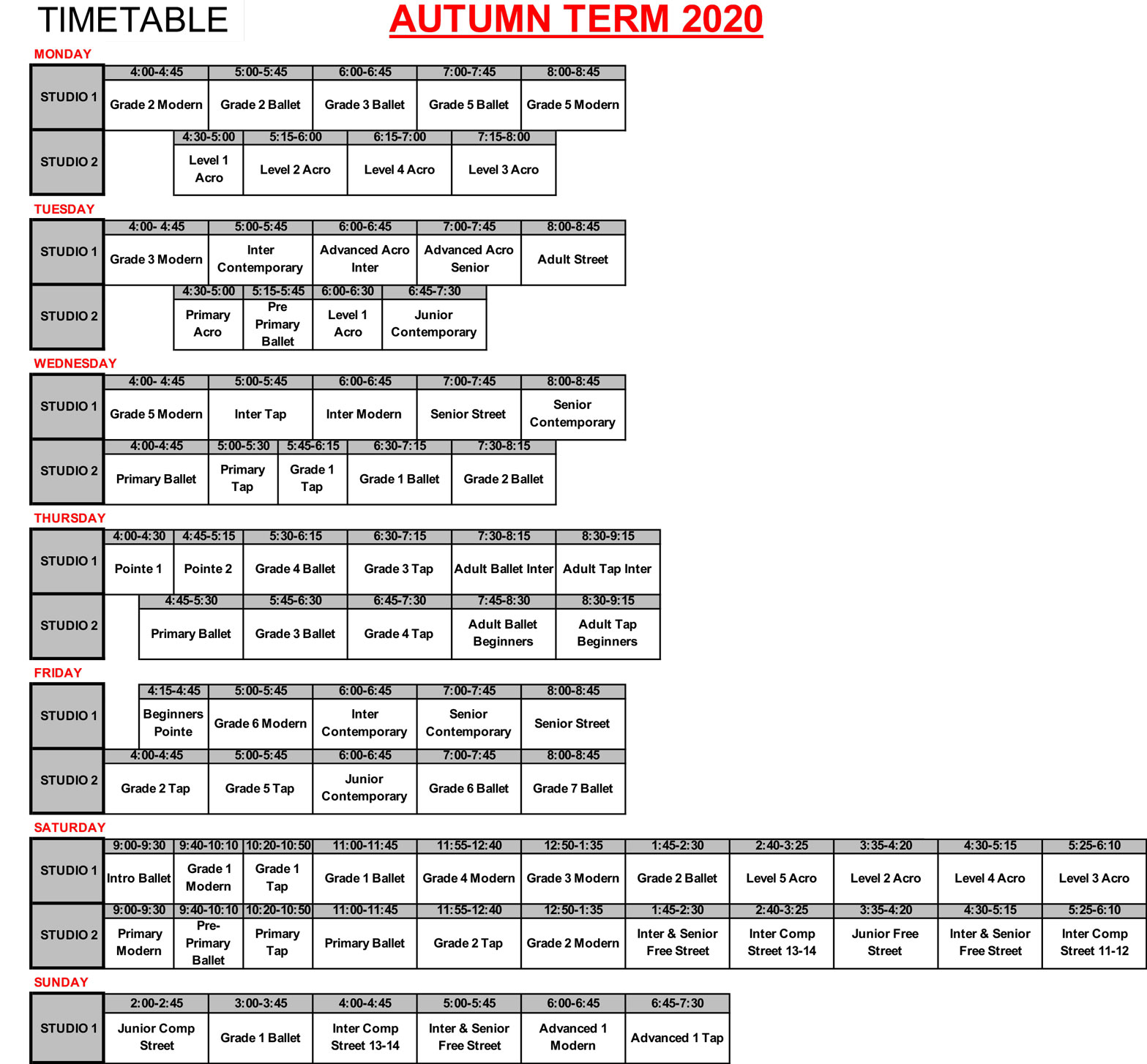 Timetable and Calendar - Harborough Dance Academy